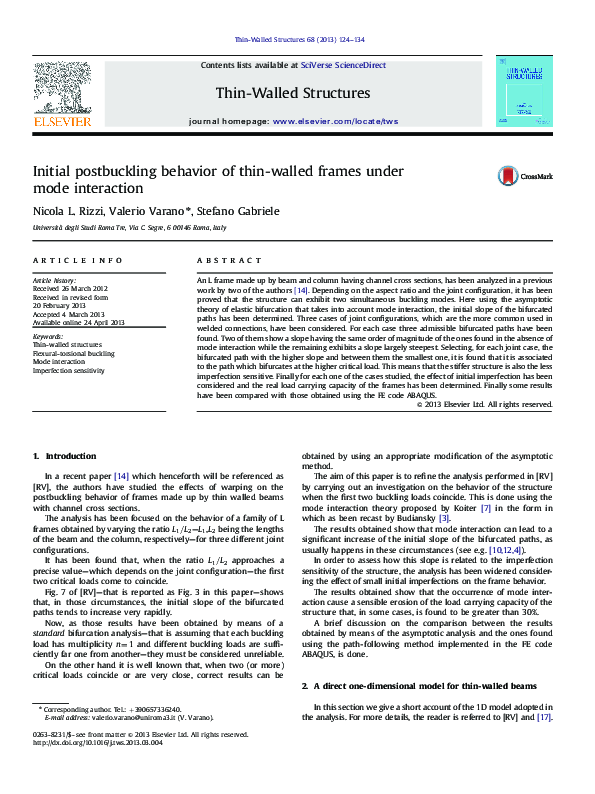 (PDF) Initial postbuckling behavior of thin-walled frames under mode interaction