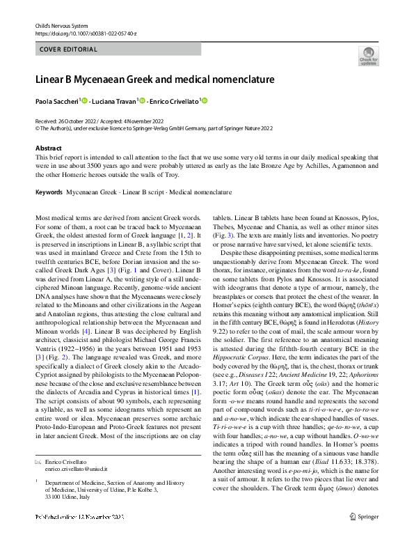 (PDF) Linear B Mycenaean Greek and medical nomenclature