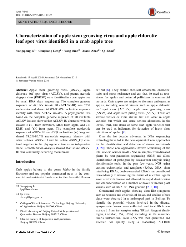 (PDF) Molecular evidence of Apple Stem Grooving Virus infecting Pear in ...