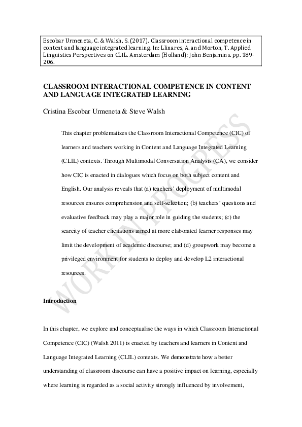 (PDF) Classroom interactional competence in content and language integrated learning