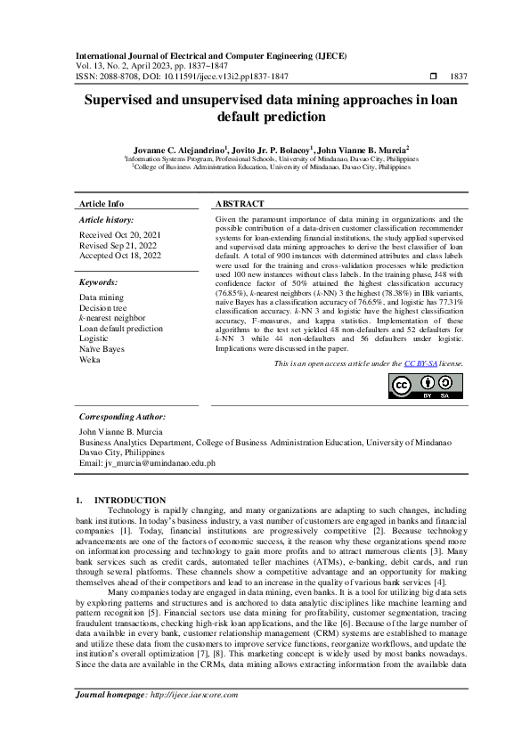 Pdf Supervised And Unsupervised Data Mining Approaches In Loan
