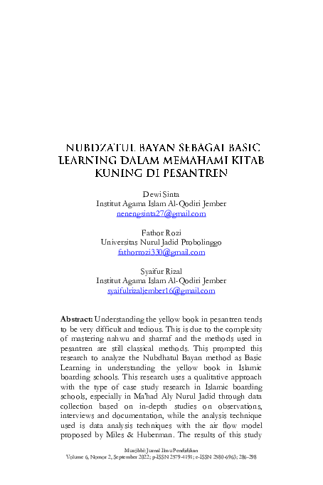 (PDF) Nubdzatul Bayan Sebagai Basic Learning Dalam Memahami Kitab Kuning DI Pesantren