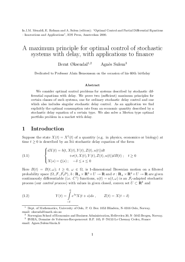 (PDF) A maximum principle for optimal control of stochastic systems with delay, with ...