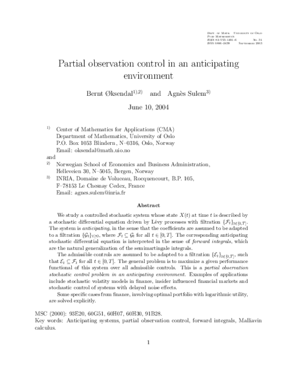 (PDF) Partial observation control in an anticipating environment