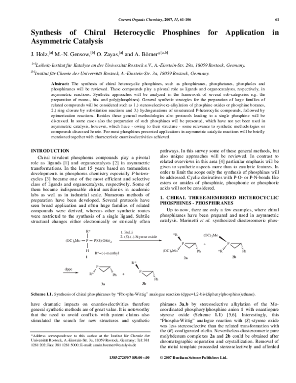 (PDF) Synthesis of Chiral Heterocyclic Phosphines for Application in ...