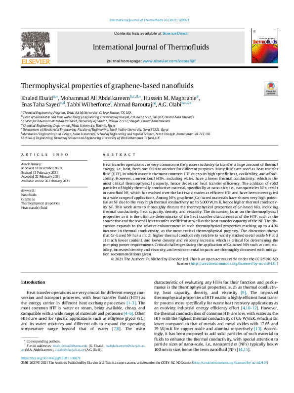 (PDF) Thermophysical properties of graphene-based nanofluids | Khaled Elsaid - Academia.edu