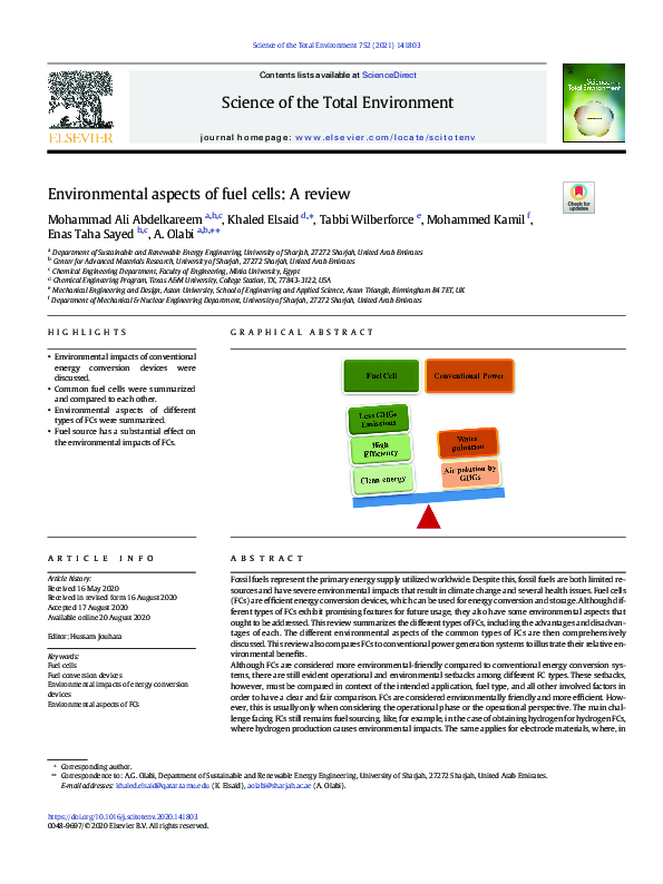 (PDF) Environmental aspects of fuel cells: A review