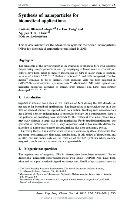 (PDF) Synthesis of nanoparticles for biomedical applications