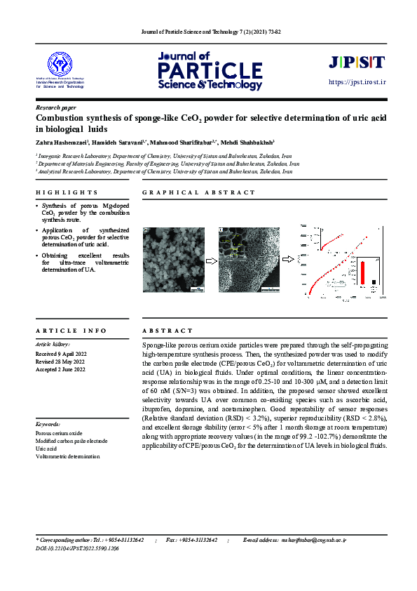 (PDF) Combustion synthesis of sponge-like CeO2 powder for selective ...