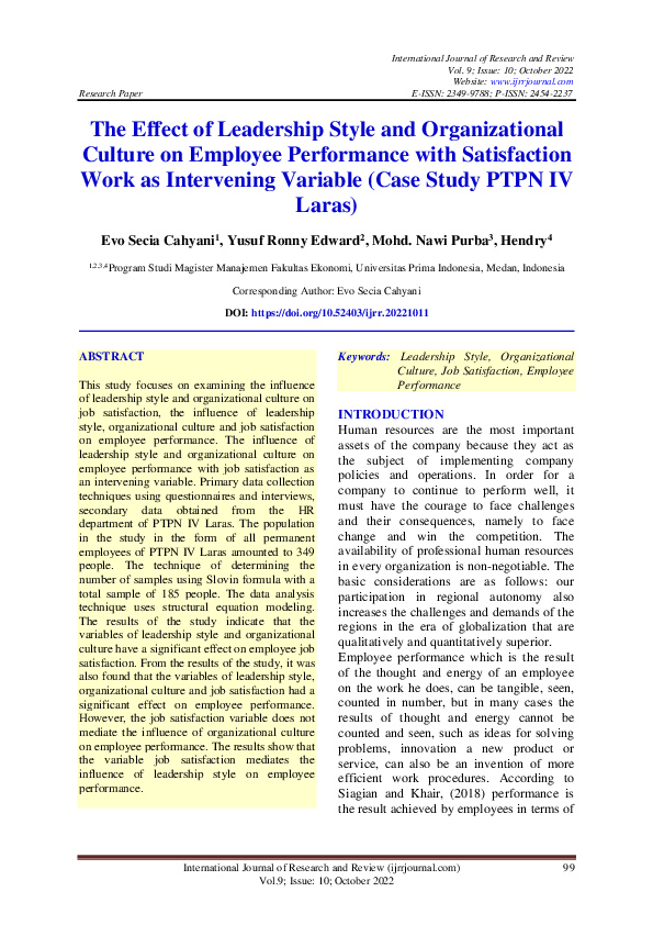 (PDF) The Effect of Leadership Style and Organizational Culture on Employee Performance with ...