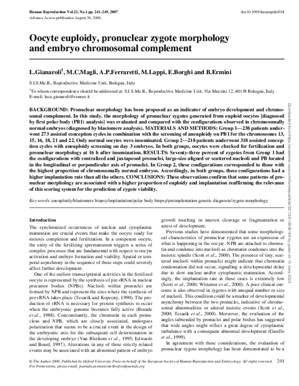(PDF) Oocyte euploidy, pronuclear zygote morphology and embryo ...