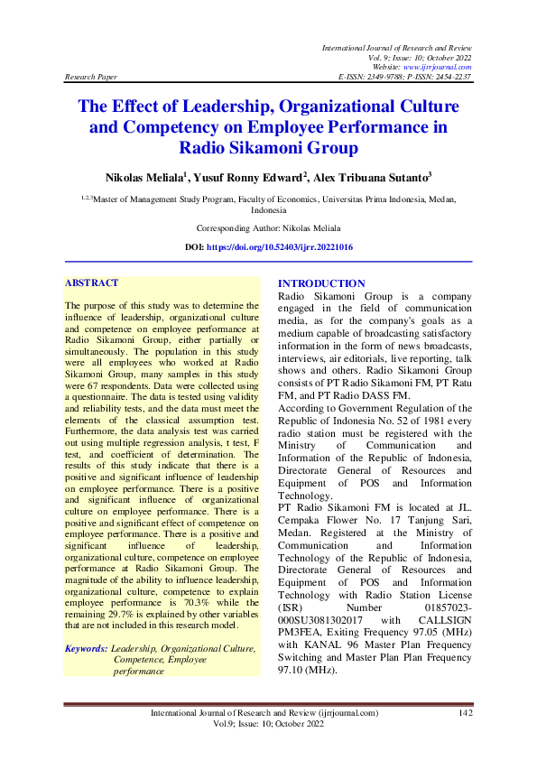 (PDF) The Effect of Leadership, Organizational Culture and Competency on Employee Performance in ...