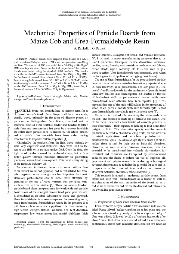 (PDF) Mechanical Properties Of Particle Boards From Maize Cob And Urea ...