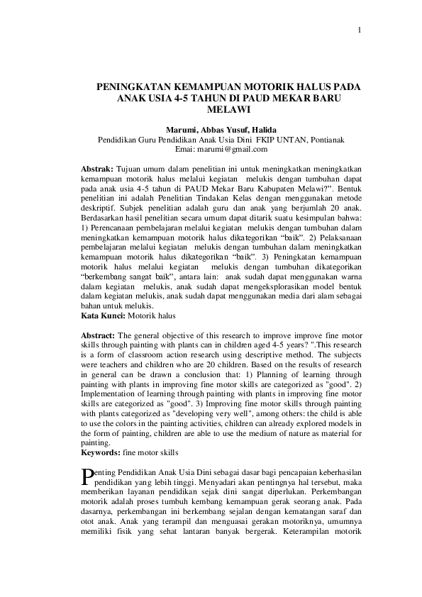 (PDF) Peningkatan Kemampuan Motorik Halus Pada Anak Usia 4-5 Tahun DI Paud Mekar Baru Melawi
