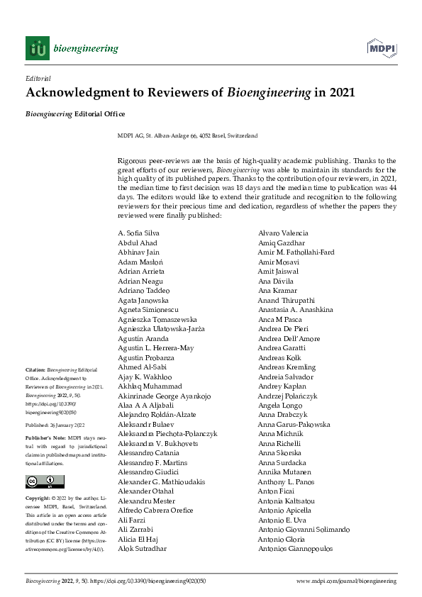 (PDF) Acknowledgment to Reviewers of Bioengineering in 2021