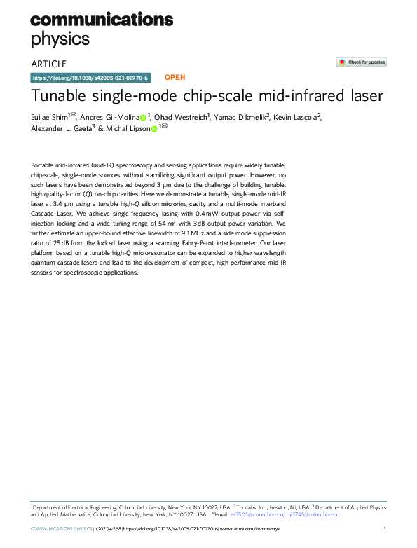 (PDF) Tunable single-mode chip-scale mid-infrared laser | ohad ...