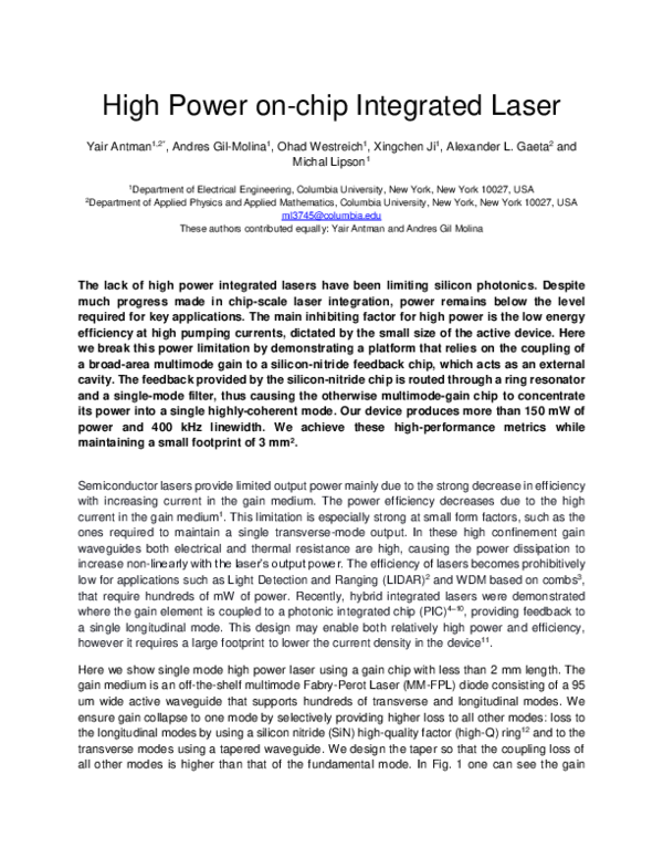 (PDF) High Power on-chip Integrated Laser