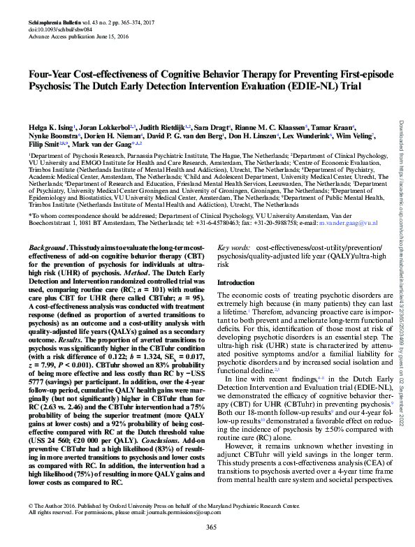 (PDF) Four-Year Cost-effectiveness of Cognitive Behavior Therapy for Preventing First-episode ...