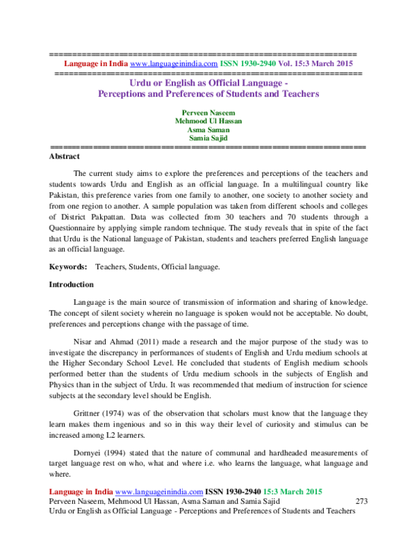 (PDF) Urdu or English as Official Language - Perceptions and ...