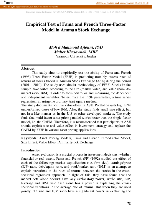 (PDF) Empirical Test of Fama and French Three-Factor Model in Amman ...