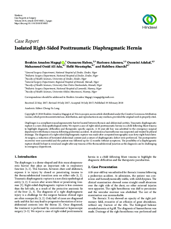 (PDF) Isolated Right-Sided Posttraumatic Diaphragmatic Hernia