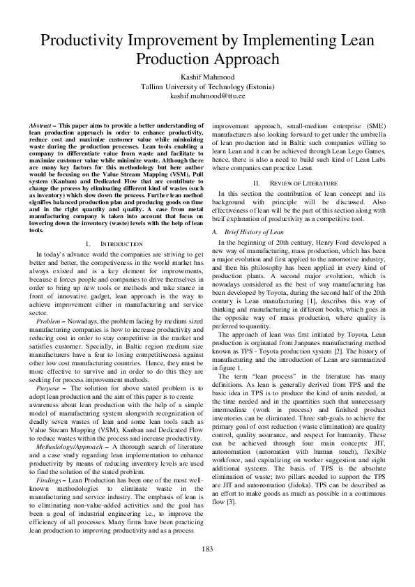 Pdf Productivity Improvement By Implementing Lean Production Approach