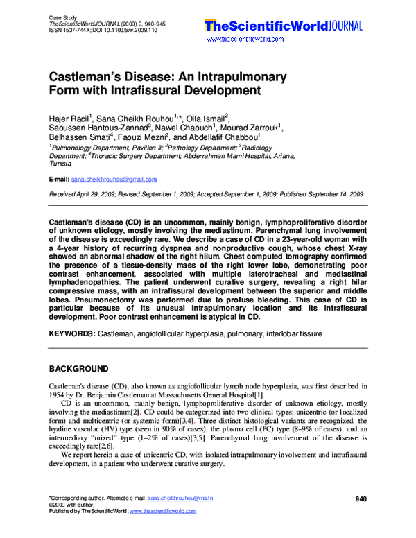 (PDF) Castleman's Disease: An Intrapulmonary Form with Intrafissural ...