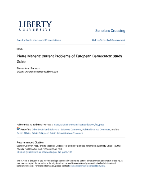 (PDF) Pierre Manent: Current Problems of European Democracy: Study Guide