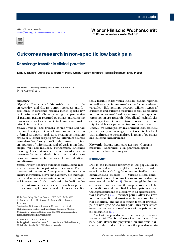 (PDF) Outcomes research in non-specific low back pain