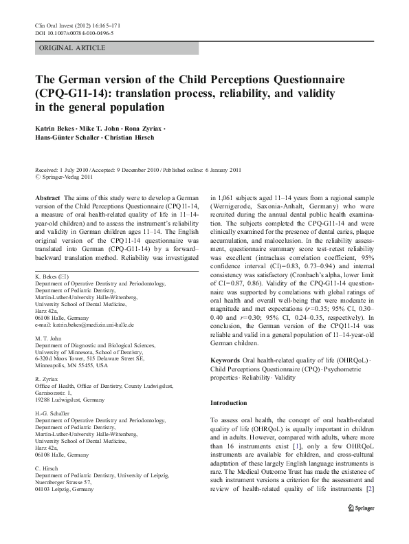 (PDF) The German version of the Child Perceptions Questionnaire (CPQ-G11-14): translation ...