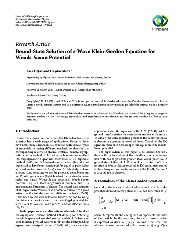 (PDF) Bound-State Solution of s-Wave Klein-Gordon Equation for Woods-Saxon Potential | Haydar ...