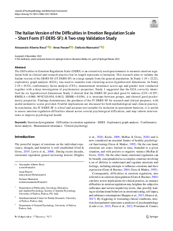 (PDF) The Italian Version of the Difficulties in Emotion Regulation Scale -Short Form (IT-DERS ...