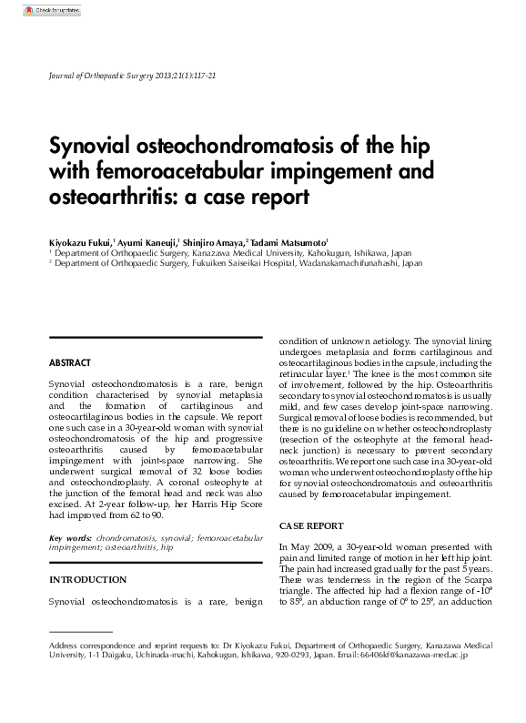 Pdf Synovial Osteochondromatosis Of The Hip With Femoroacetabular