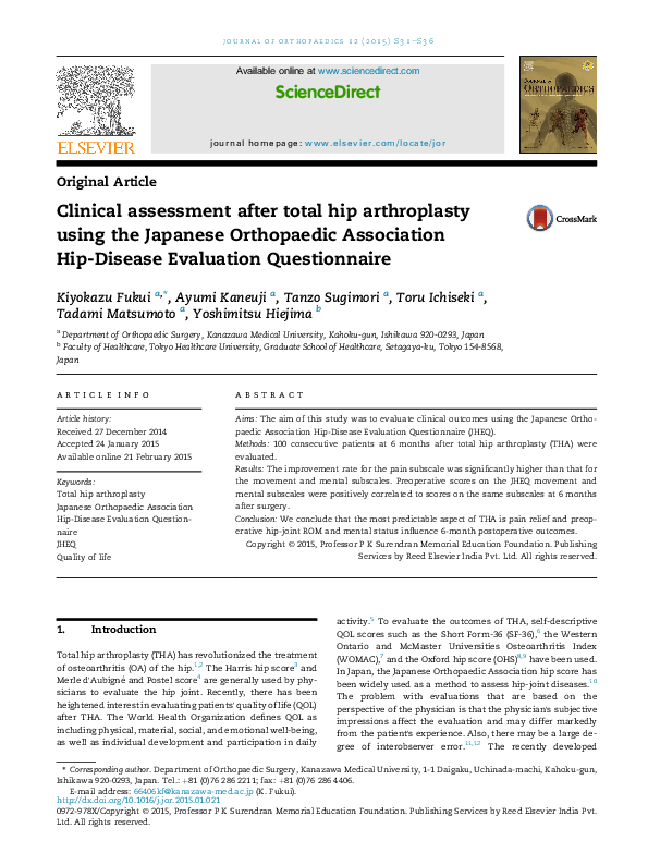 (PDF) Clinical assessment after total hip arthroplasty using the ...