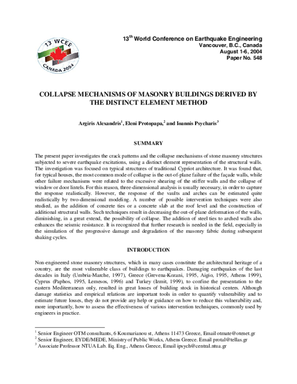 (PDF) Collapse Mechanisms in Masonry Buildings via Distinct Element Method