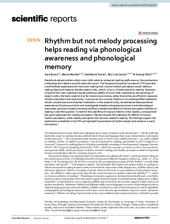 (PDF) Rhythm but not melody processing helps reading via phonological ...
