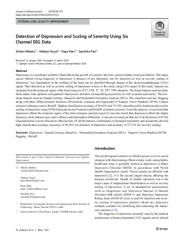 (PDF) Detection of Depression and Scaling of Severity Using Six Channel ...