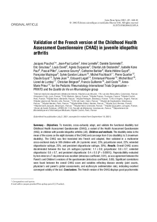 (PDF) Validation of the French version of the Childhood Health Assessment Questionnaire (CHAQ ...