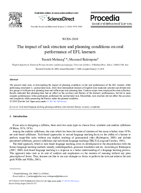 (PDF) The impact of task structure and planning conditions on oral performance of EFL learners