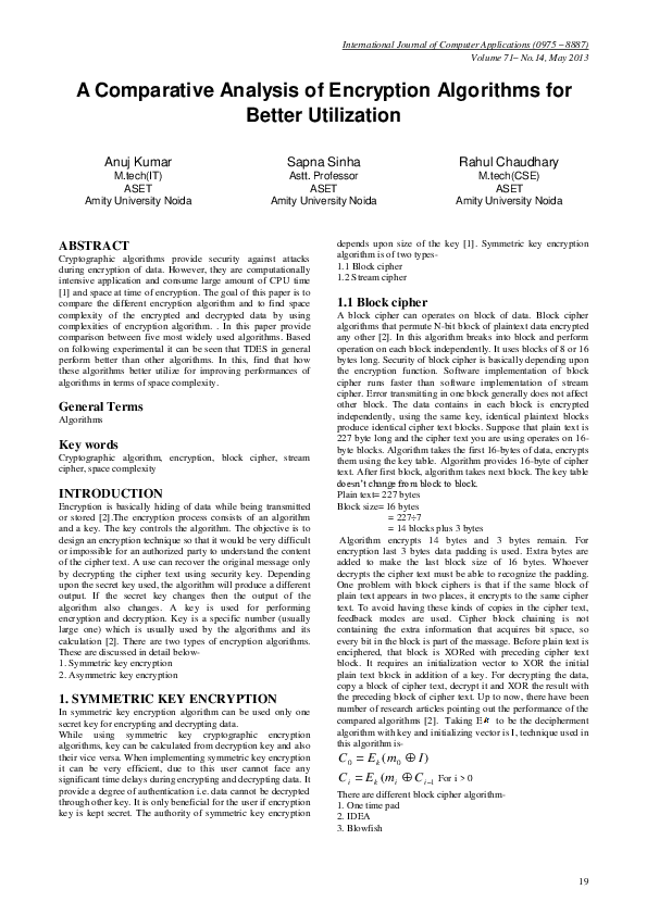 (PDF) A Comparative Analysis of Encryption Algorithms for Better Utilization