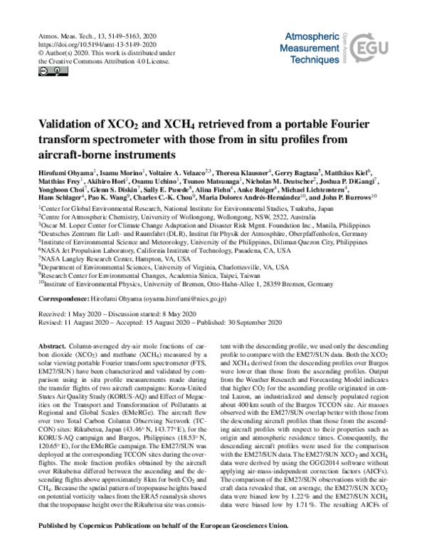 (PDF) Validation of XCO2 and XCH4 retrieved from a portable Fourier transform spectrometer with ...