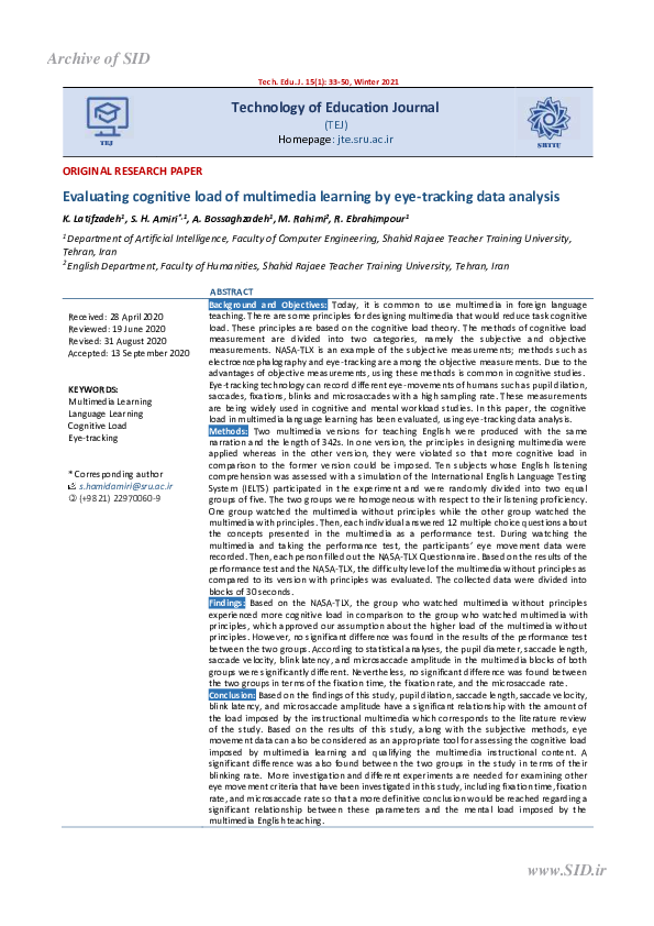 Pdf Evaluating Cognitive Load Of Multimedia Learning By Eye Tracking Data Analysis