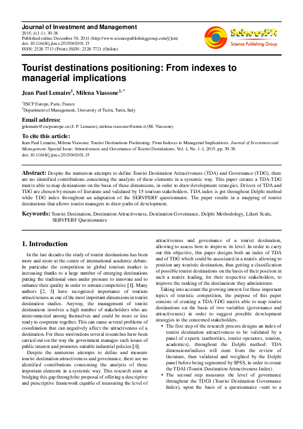 (PDF) Tourist Destinations Positioning: From Indexes to Managerial ...