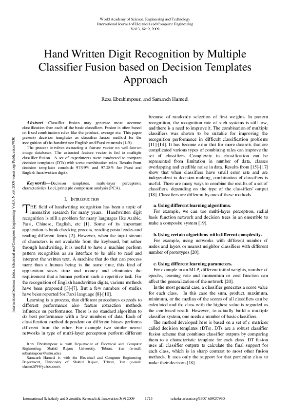 Pdf Hand Written Digit Recognition By Multiple Classifier Fusion Based On Decision Templates