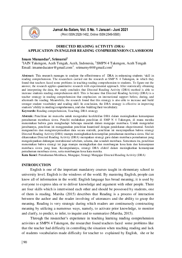 (PDF) Directed Reading Activity (Dra) Application in English Reading ...