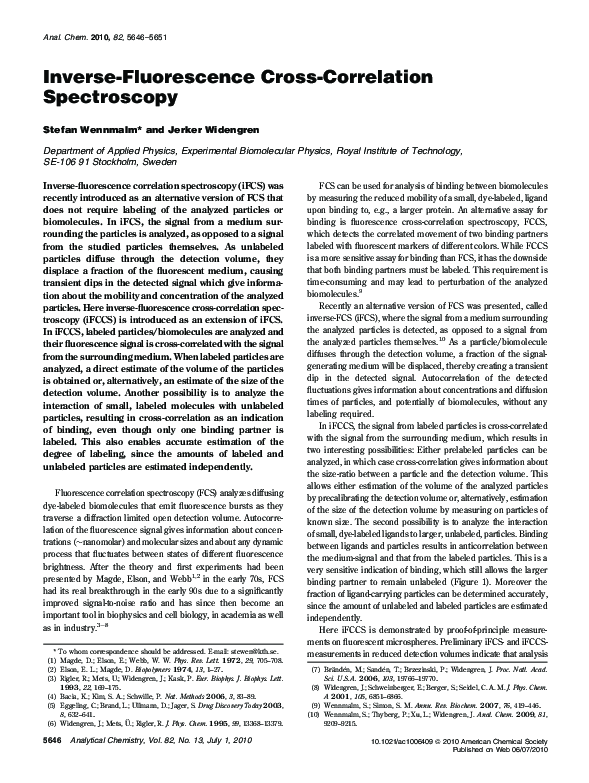 Pdf Inverse Fluorescence Cross Correlation Spectroscopy Jerker
