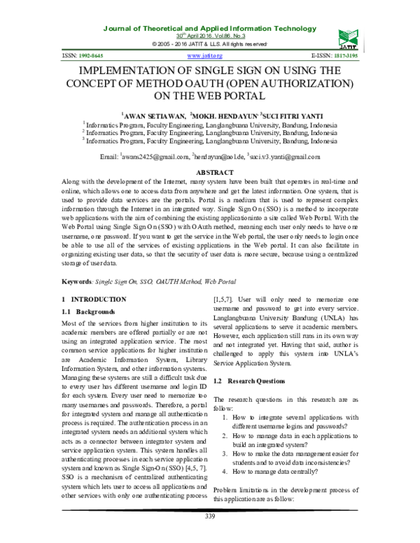 (PDF) Implementation of Single Sign on Using the Concept of Method Oauth ( Open Authorization ...