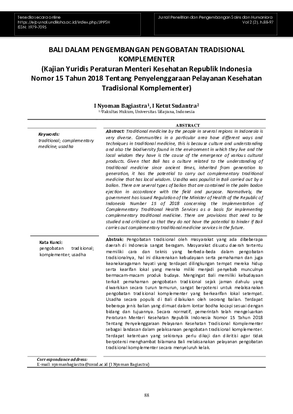 (PDF) BALI DALAM PENGEMBANGAN PENGOBATAN TRADISIONAL KOMPLEMENTER (Kajian Yuridis Peraturan ...