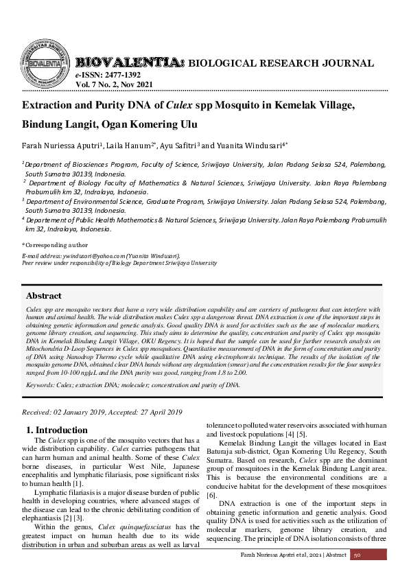 (PDF) EXTRACTION AND PURITY DNA OF Culex spp MOSQUITO IN KEMELAK ...