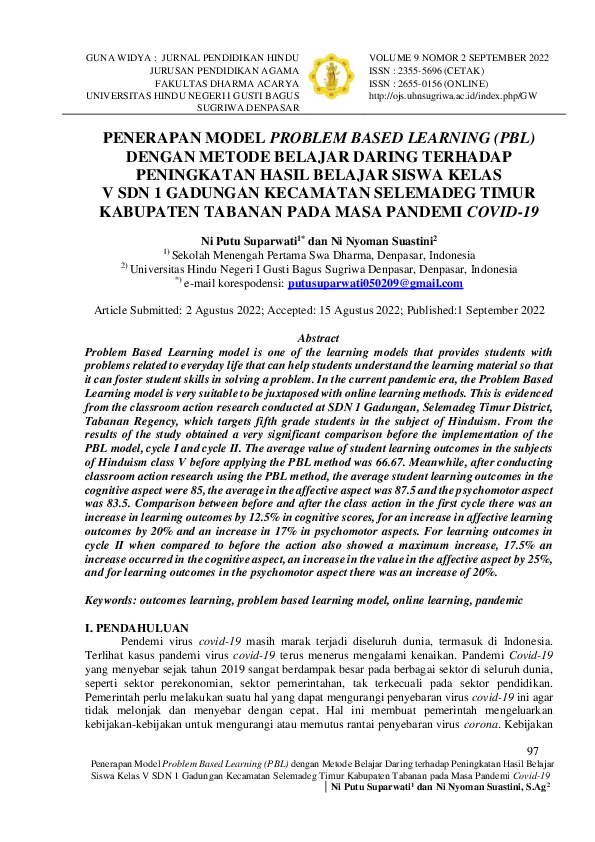 (PDF) Penerapan Model Problem Based Learning (PBL) Dengan Metode Belajar Daring Terhadap ...